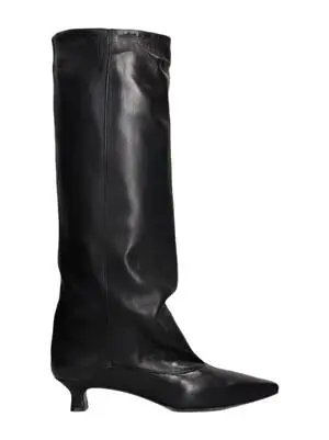 THE SELLER Pointed-toe Ruched Knee-high Boots With Kitten Heel - Black