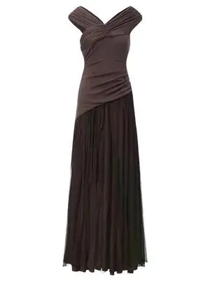ELYWOOD Off-shoulder Ruched Maxi Dress - Brown