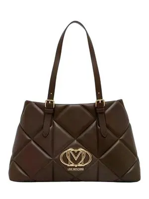 Moschino Quilted Logo Plaque Tote Bag - Brown