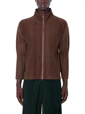 Issey Miyake Homme Plissé Issey Miyake Pleated High-Neck Zip-Up Jacket Brown