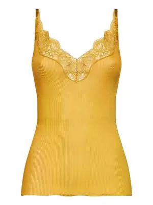 Saint Laurent Ribbed Silk Lace Trim Tank Top - Yellow