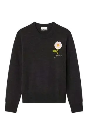 GANNI Knit Jumper With Crochet Flower Appliqu - Grey