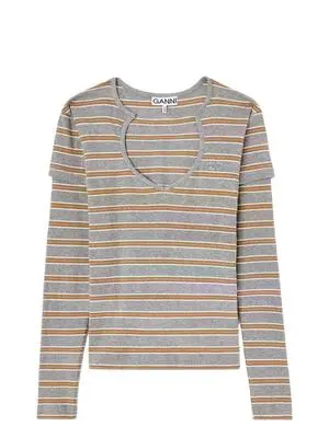 GANNI Striped Cut-out V-neck Long Sleeve Top - Grey