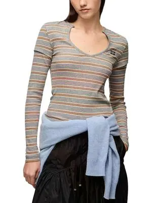 GANNI GANNI Striped Cut-Out V-Neck Long Sleeve Top