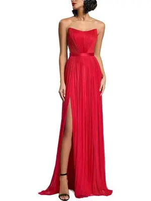CRISTALLINI Estella Pleated Silk Maxi Dress - Red