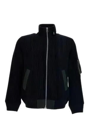 Sacai Ribbed-knit Panelled Cardigan - Blue