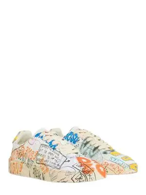 Dsquared2 Calf Leather Scribble Print Low Top Sneakers - Neutrals