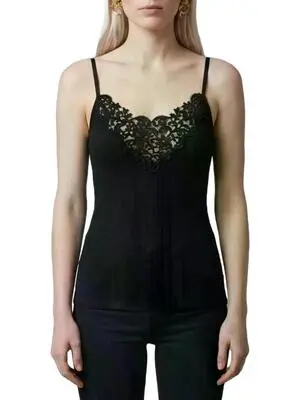 Saint Laurent Ribbed Silk Knit Guipure Lace Tank Top - Black