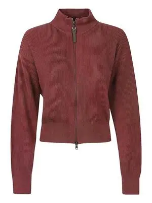 Brunello Cucinelli Brunello Cucinelli Ribbed-Knit High Neck Zip Cardigan Red