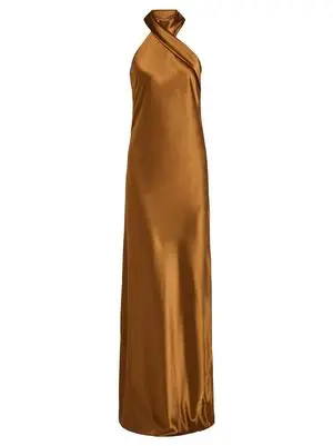 Galvan Pandora Scarf-neck Satin Gown Brown