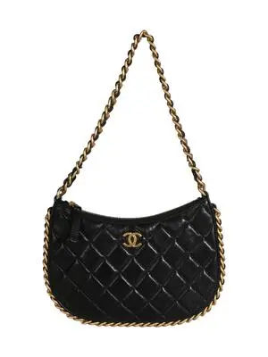 CHANEL Black Shiny Quilted Lambskin Small CC Chain Around Hobo