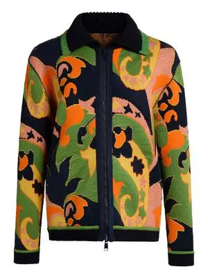 Etro Zipped Knit Cardigan With Collared Neckline And Printed Pattern - Multi