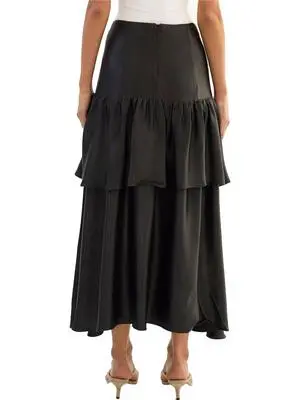 LAMARQUE Chalina | Ruffle Satin Midi Skirt - Black