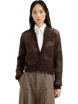 Brunello Cucinelli Lace Flowers Cardigan In Sparkling Mohair And Virgin Wool - Brown