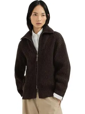 Brunello Cucinelli Ribbed Zippered Cardigan With Sequin Embellishments - Coffee