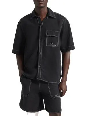 Amiri Script Garment Dyed Short Sleeve Linen Blend Button-up Shirt - Black