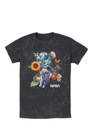 NASA Mens Floral Astronaut In Space T Shirt Black