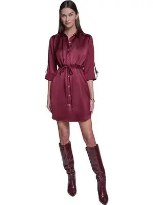 Halston 3/4 Sleeve Satin Shirt Dress - Garnet Glow