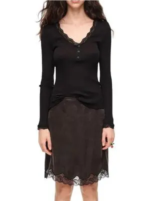 Bimba Y Lola Ribbed V-neck Lace Trim T-shirt - Black