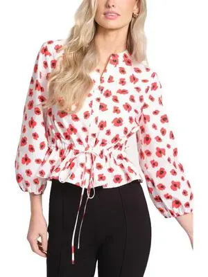 ISAAC MIZRAHI NEW YORK Poppy Print Cotton Balloon Sleeve Shirt - Red Multi