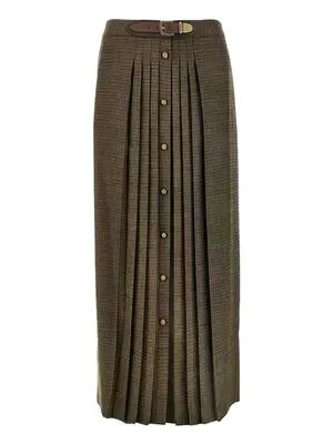 Etro Houndstooth Wool Maxi Skirt With Box Pleats And Belt - Brown