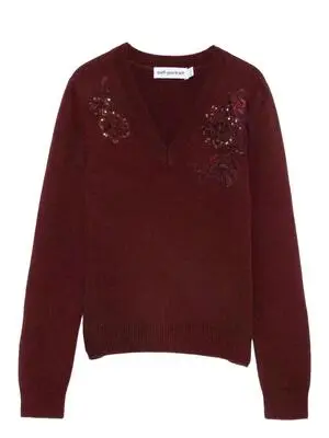 SELF-PORTRAIT Self-Portrait Sequin-Embellished Floral-Patch V-Neck Sweater Red