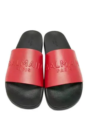 Balmain Monogram Embossed Leather Slides - Red