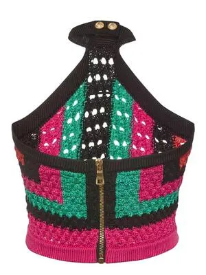 Balmain Halter Neck Crochet Knit Cropped Top - Black