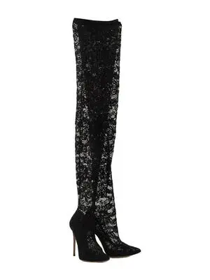 DOLCE & GABBANA Dolce & Gabbana Black Lace Mesh Pointed Toe Stiletto Heel Boots