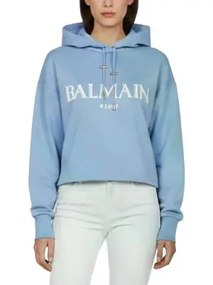 Balmain Cropped Logo Hoodie - Blue