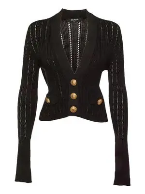 Balmain Pointelle Knit Cropped Cardigan With Lion Head Embossed Buttons - Black