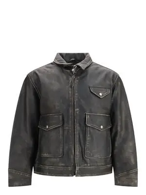FOUND Aged Leather Jacket With Shirt Collar - Brown