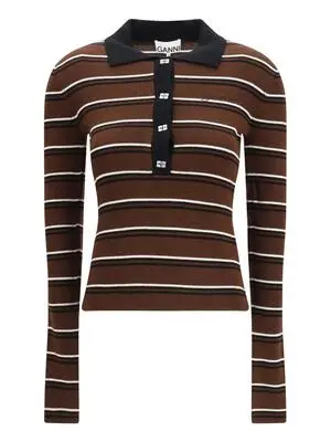 GANNI Striped Merino Polo Shirt - Brown