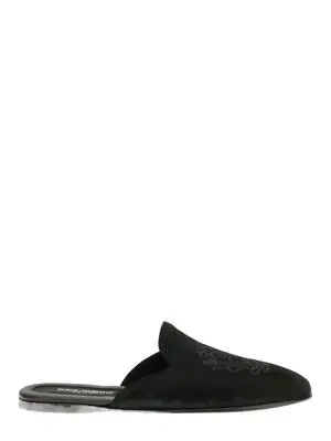 Dolce & Gabbana Calfskin Leather Mules With Embroidered Motif - Black