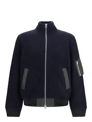 Sacai Ribbed High Neck Zip-up Sweater With Contrast Pockets - Blue