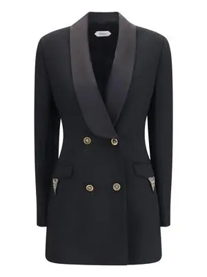 Versace Wool Double Breasted Blazer With Embellished Details - Black