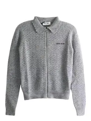 Miu Miu Cashmere And Silk Cardigan With Crochet Trim - Grey