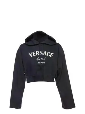 Versace Cropped Logo Embroidered Hoodie - Blue