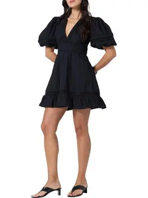 SCARLETT POPPIES Olga Embroidered Poplin Puff-sleeve Mini Dress - Black
