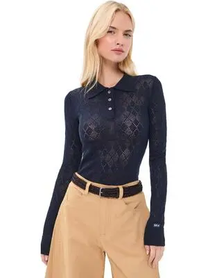 Sea Jane Argyle Pointelle Knit Polo Sweater - Navy