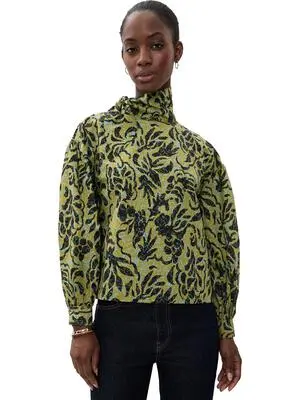 Ulla Johnson Botanical Print Mock Neck Blouse - Chartreuse