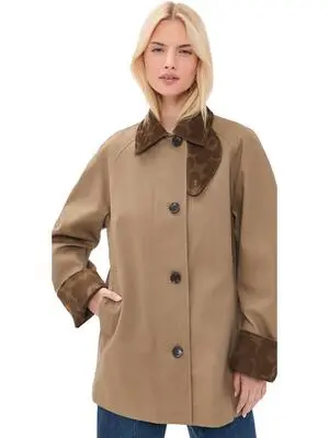 Marimekko Essee Cotton Twill Coat With Floral Corduroy Collar - Brown