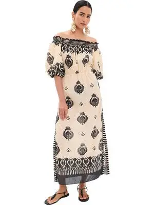 Johanna Ortiz Harbor Hues Voile Ankle Dress - Ecru/black