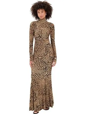 Norma Kamali Long Sleeve Turtle Fishtail Gown - Cheetah Patch