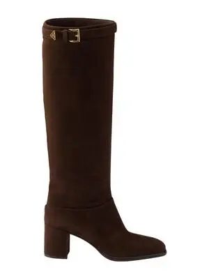 Prada Suede Knee-high Boots With Buckle Detail - Dark Brown