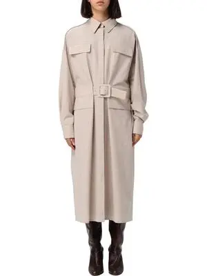 Fabiana Filippi Wool-blend Midi Chemisier Dress With Waist Belt - Beige