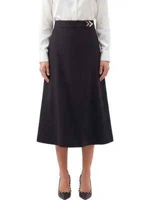 Valentino Garavani High-waisted Flared Midi Skirt In Wool And Silk - Black