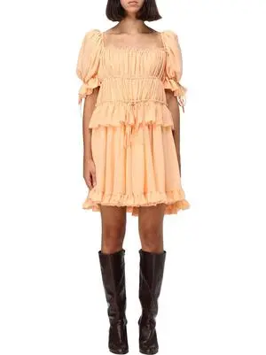 Chloé A-line Silk Mini Dress With Square Neckline And Puff Sleeves - Orange