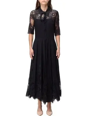 Fabiana Filippi Short-sleeved Midi Chemisier Dress In Lace With Classic Collar - Blue