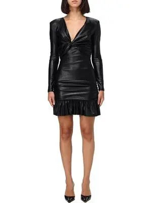 ELISABETTA FRANCHI V-neck Faux Leather Long Sheath Dress